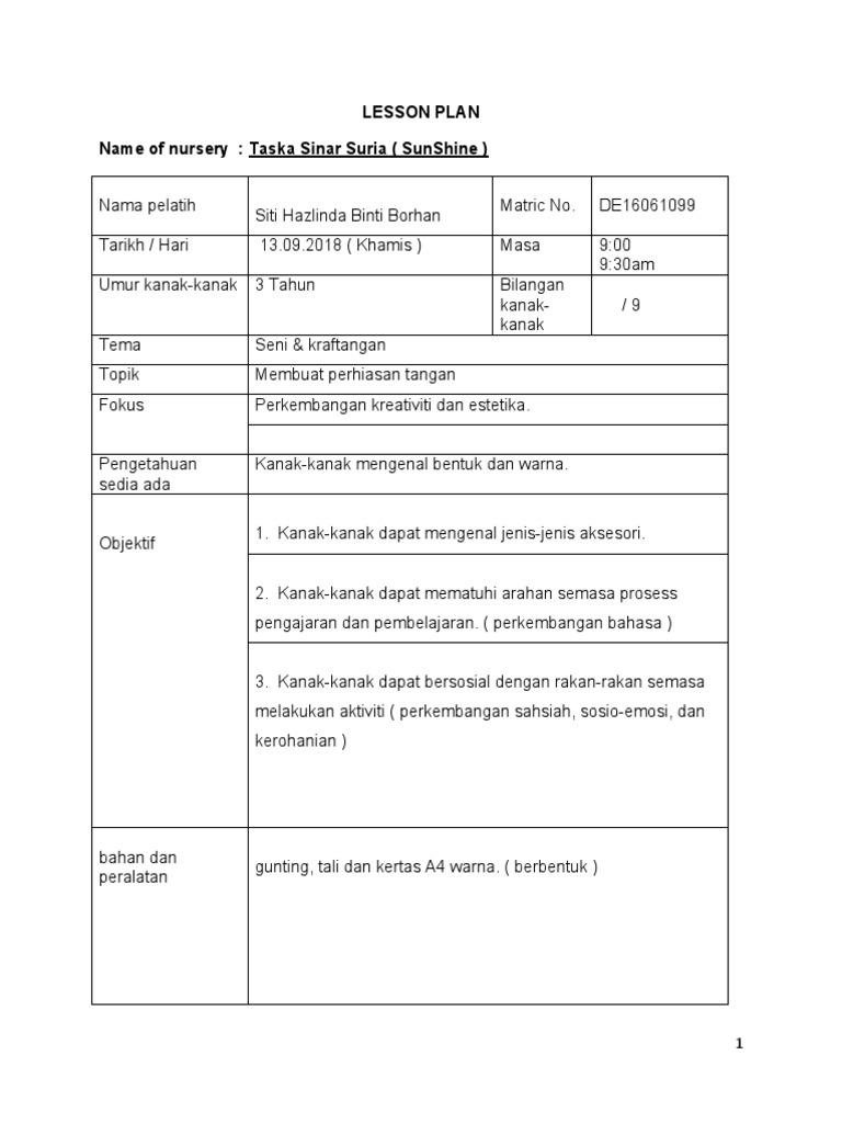 Permata Contoh Rancangan Pelaksanaan Aktiviti Taska | PDF