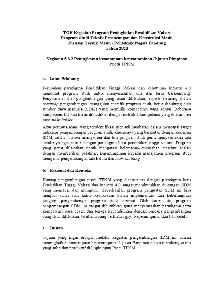 Template TOR Kegiatan Program Peningkatan Pendidikan Vokasi - TPKM Tahun 2020 | PDF