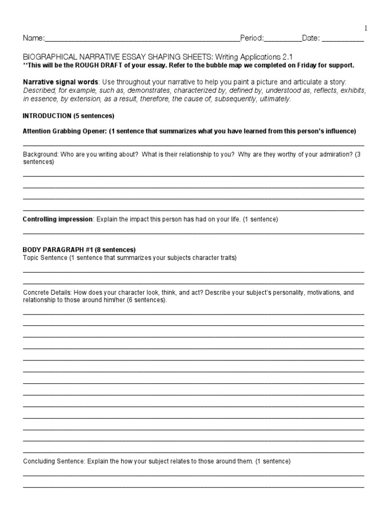 1 Name: - Period: - Date: - Biographical Narrative Essay Shaping Sheets ...