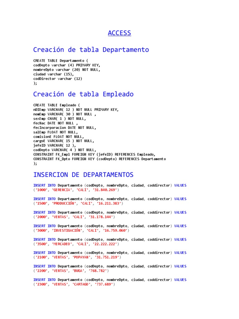 Tablas SQL de Departamentos y Empleados | PDF | SQL | Tecnologías de la ...