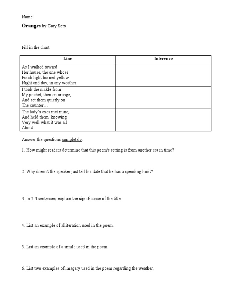 Oranges by Gary Soto Questions | PDF | Language Arts & Discipline | Poetry