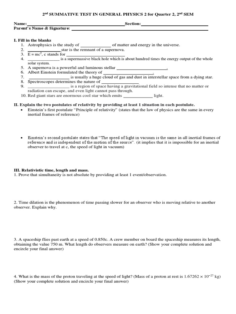 2nd SUMMATIVE TEST IN GENERAL PHYSICS 2 For Quarter 2 | PDF | General ...