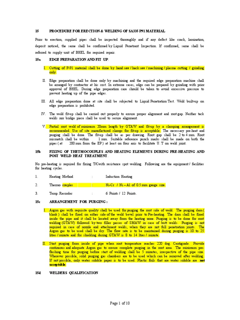 Procedure for Erection, Welding, and Post Weld Heat Treatment of SA335 P91 Pipe Materials | PDF ...