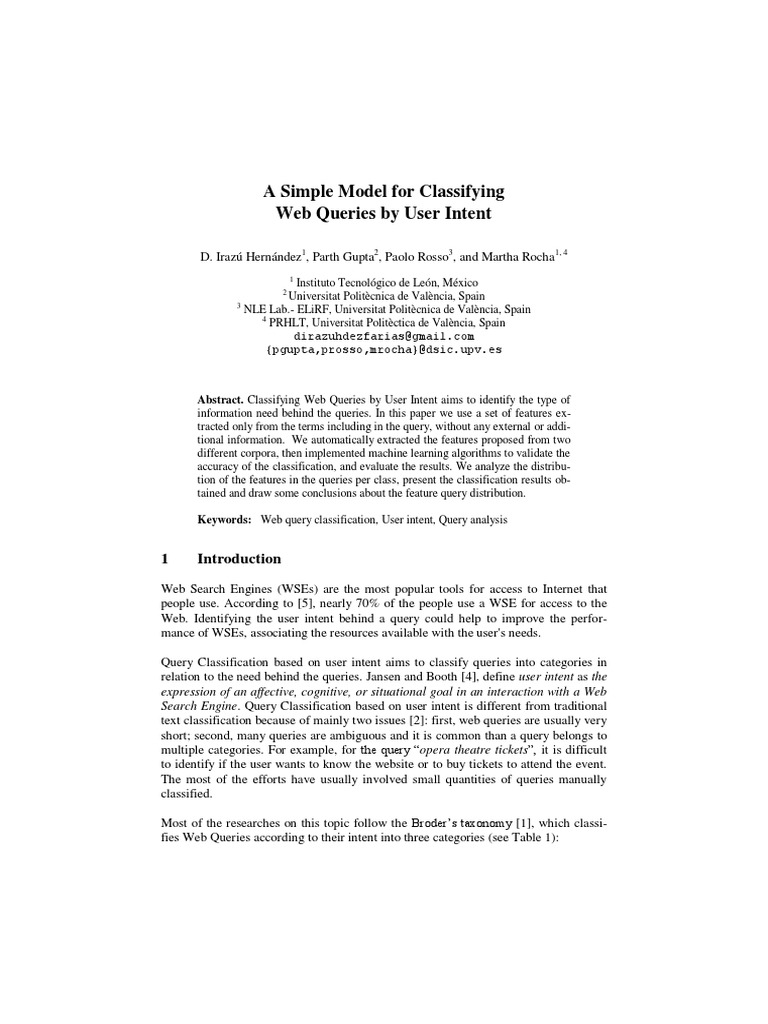 A Simple Model For Classifying Web Queries by User Intent | PDF | Information Retrieval ...