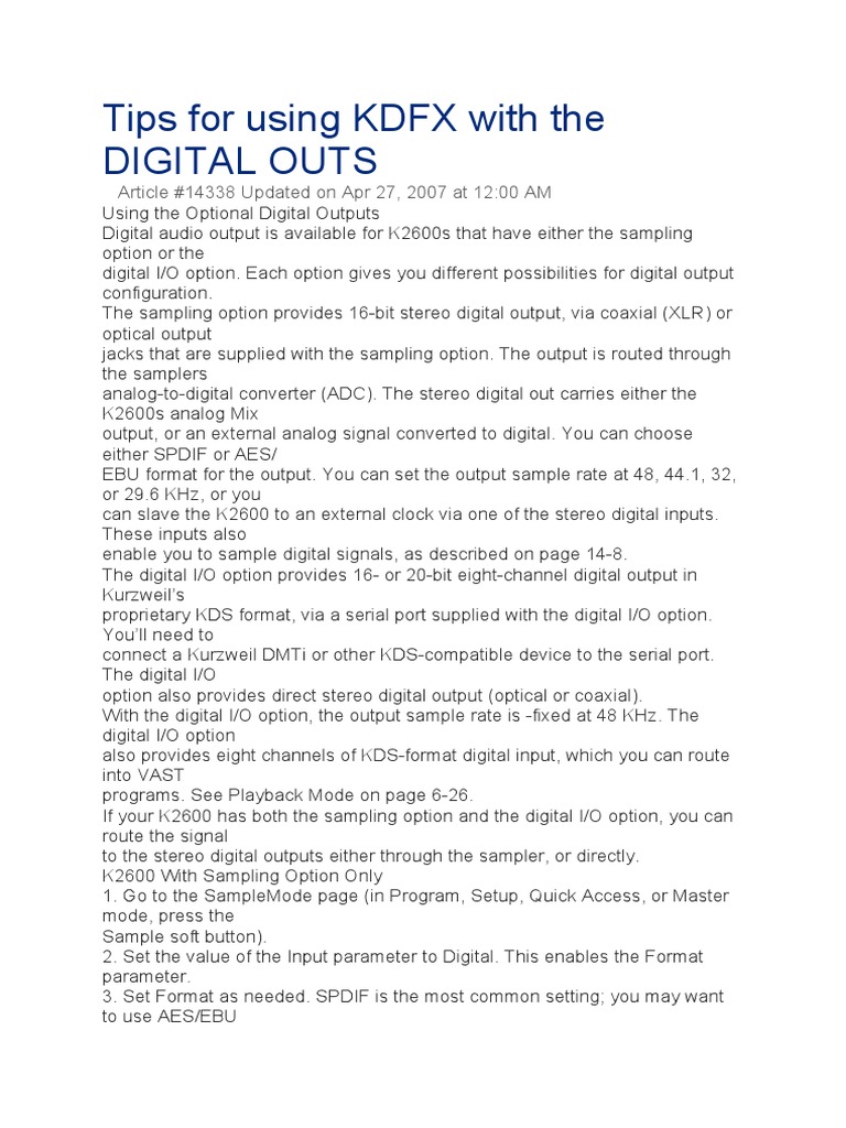 KDFX Kurzweil | PDF | Sampling (Signal Processing) | Input/Output
