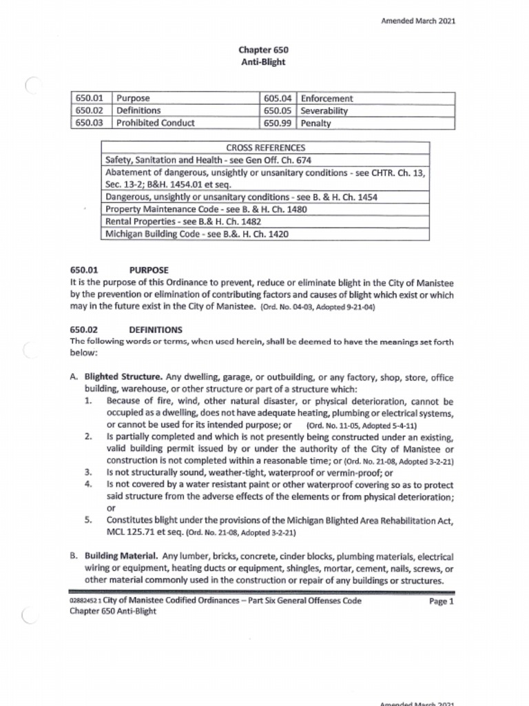 Chapter 650 Anti Blight in Manistee | PDF