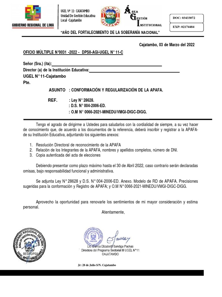 Oficio Multiple 0031 - Conformacion de Apafa de Las Iiee | PDF | Regulación | Adopción