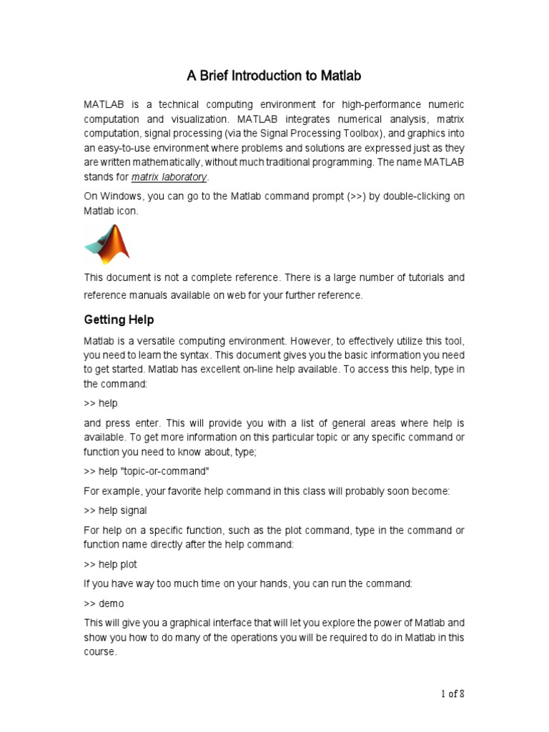 A Brief Introduction To Matlab | Download Free PDF | Matlab | Matrix ...