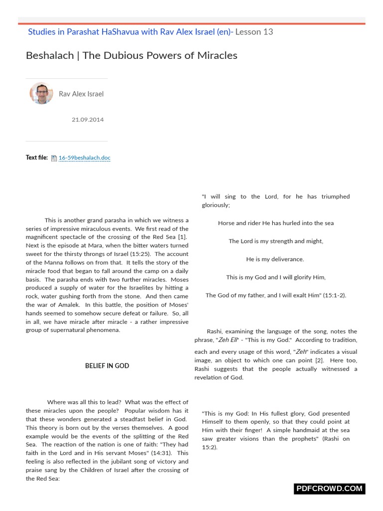 Parshat Beshalach Miracles | PDF | Moses | Miracle