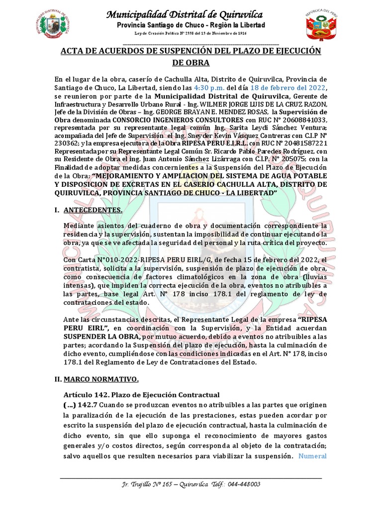 Acta de Suspencion Del Plazo de Ejecucion de Obra-Cachulla Alta | PDF