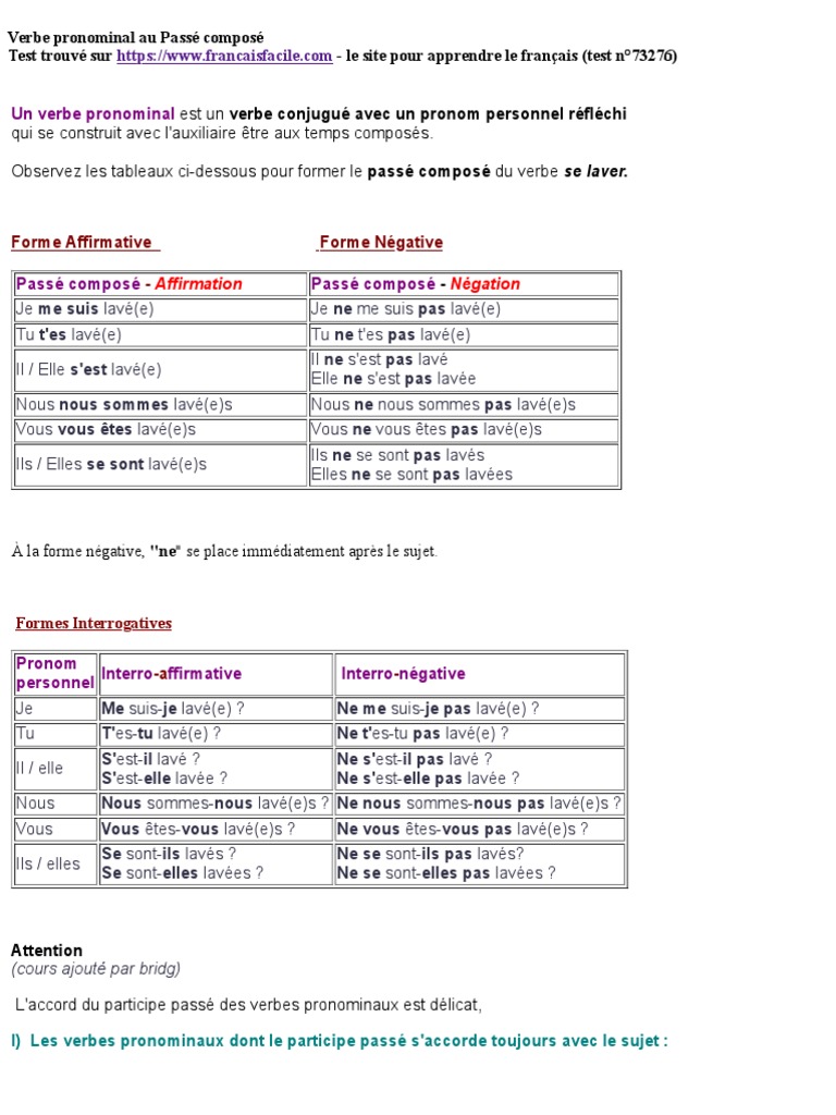 Verbe Pronominal Au Passé Composé | PDF | Unités sémantiques | Conjugaison