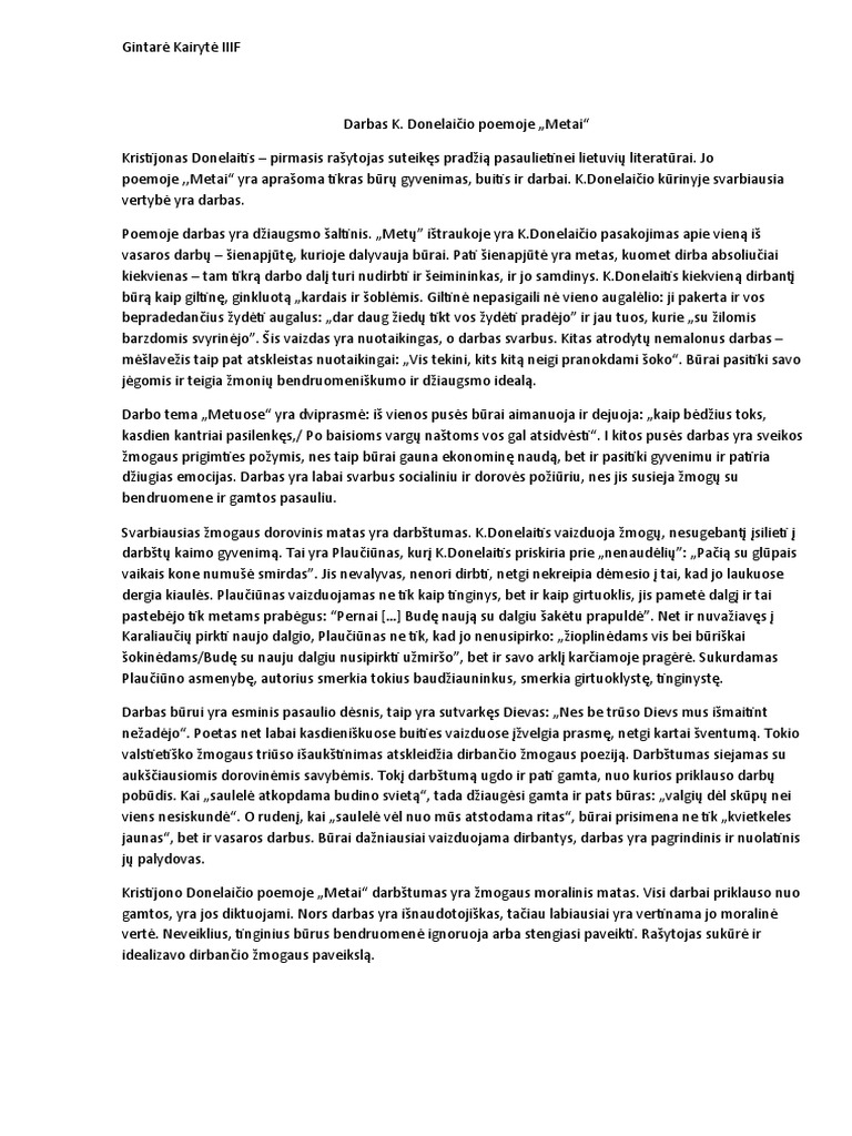 Darbas Donelaicio Poemoje Metai | PDF
