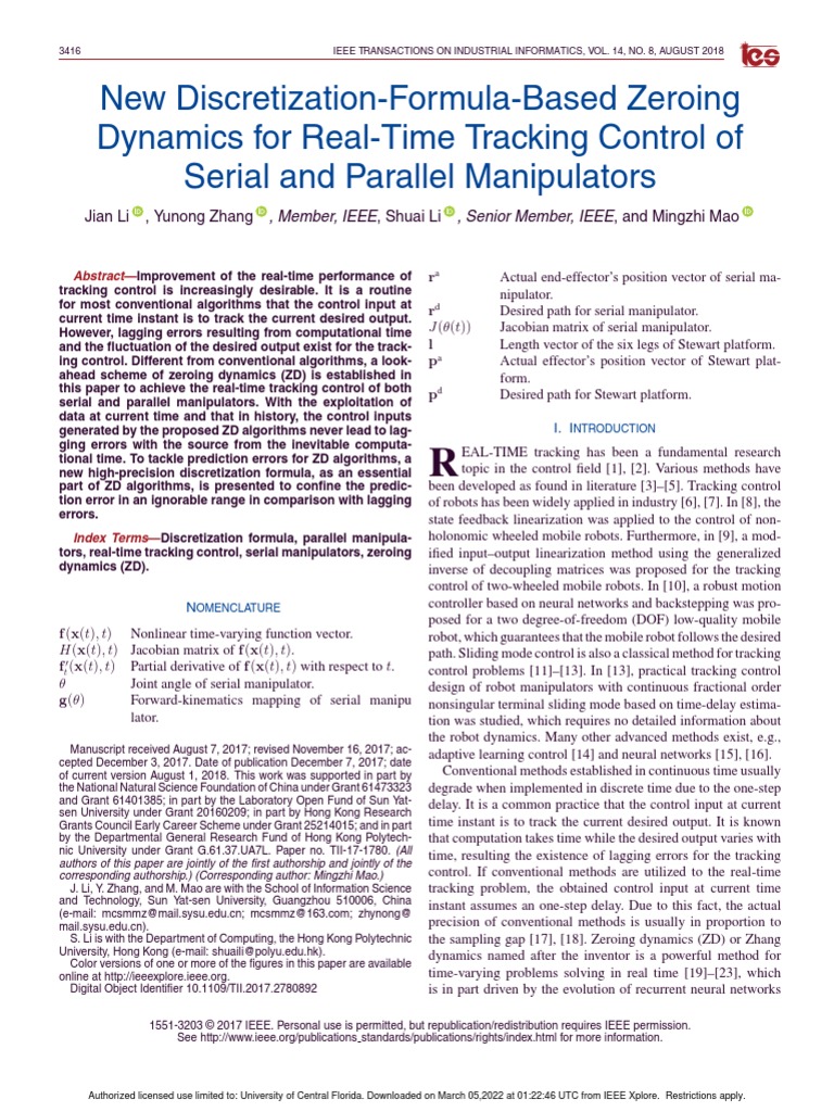 New Discretization Formula Based Zeroing Dynamics For Real Time Tracking Control Of Serial And