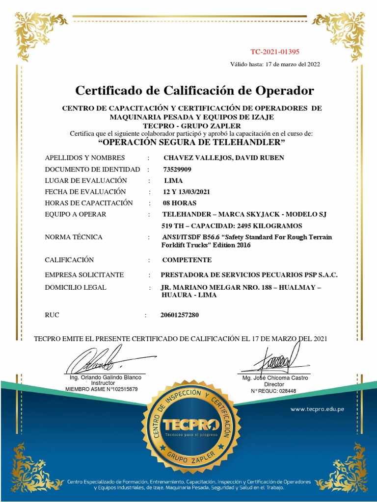 Certificados Operador Telehander | PDF