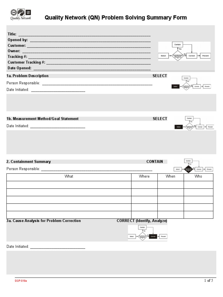 Quality Network (QN) Problem Solving Summary Form: GQP-019a | Download ...