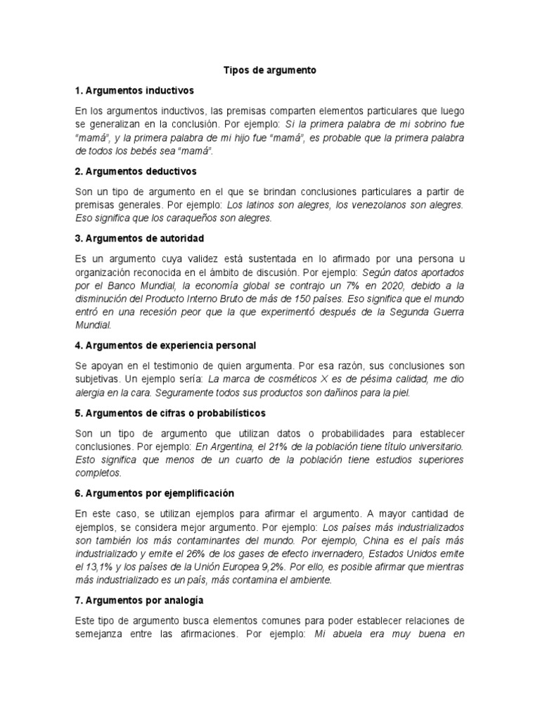Tipos de Argumentos y Ejemplos | PDF | Argumento | Razonamiento inductivo