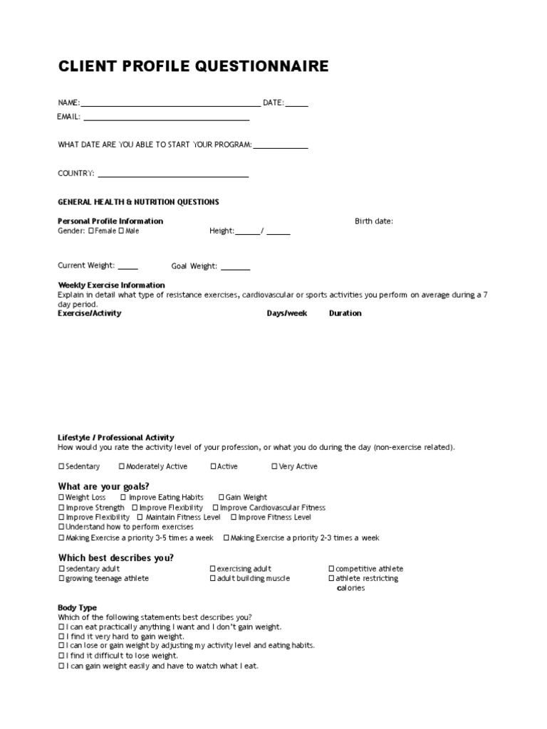 Client Profile Questionnaire | PDF | Physical Fitness | Cardiovascular ...