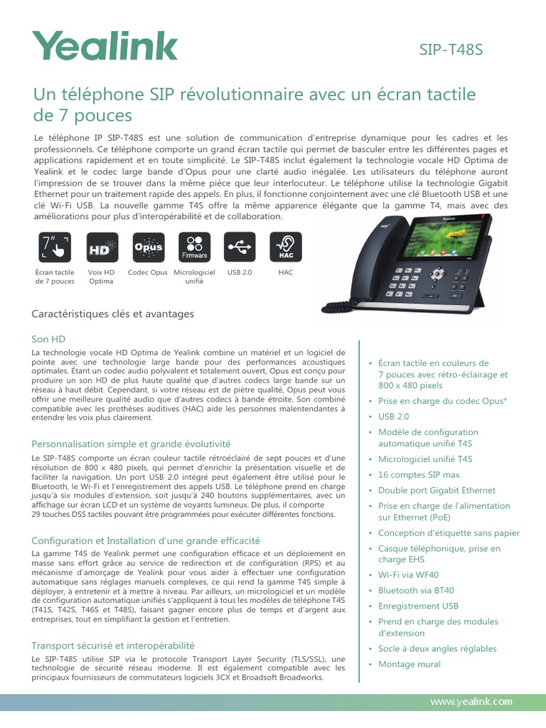Yealink SIP T48S Datasheet FR | PDF | séance d'initiation au protocoles ...