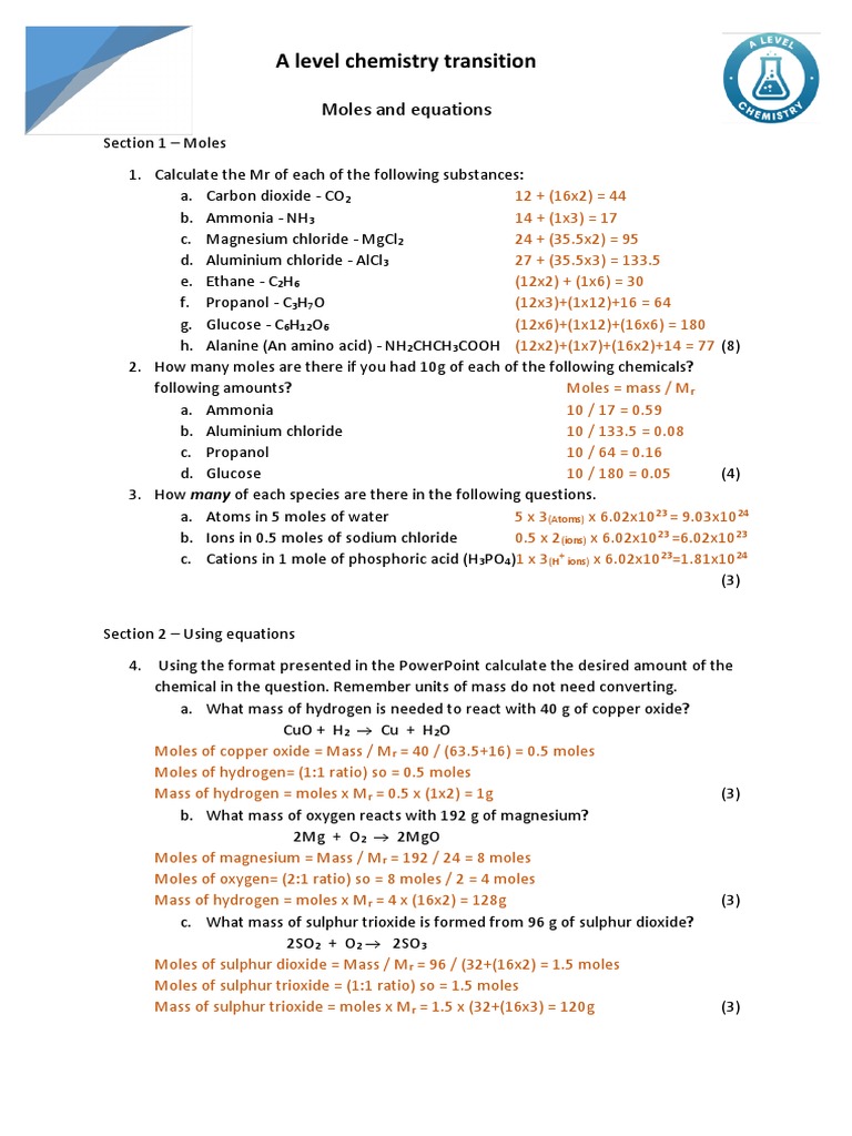 Moles and Equations Worksheet and Answers | PDF | Mole (Unit) | Oxide