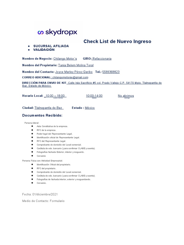 Check List de Nuevo Ingreso Sucursal Afiliada | PDF