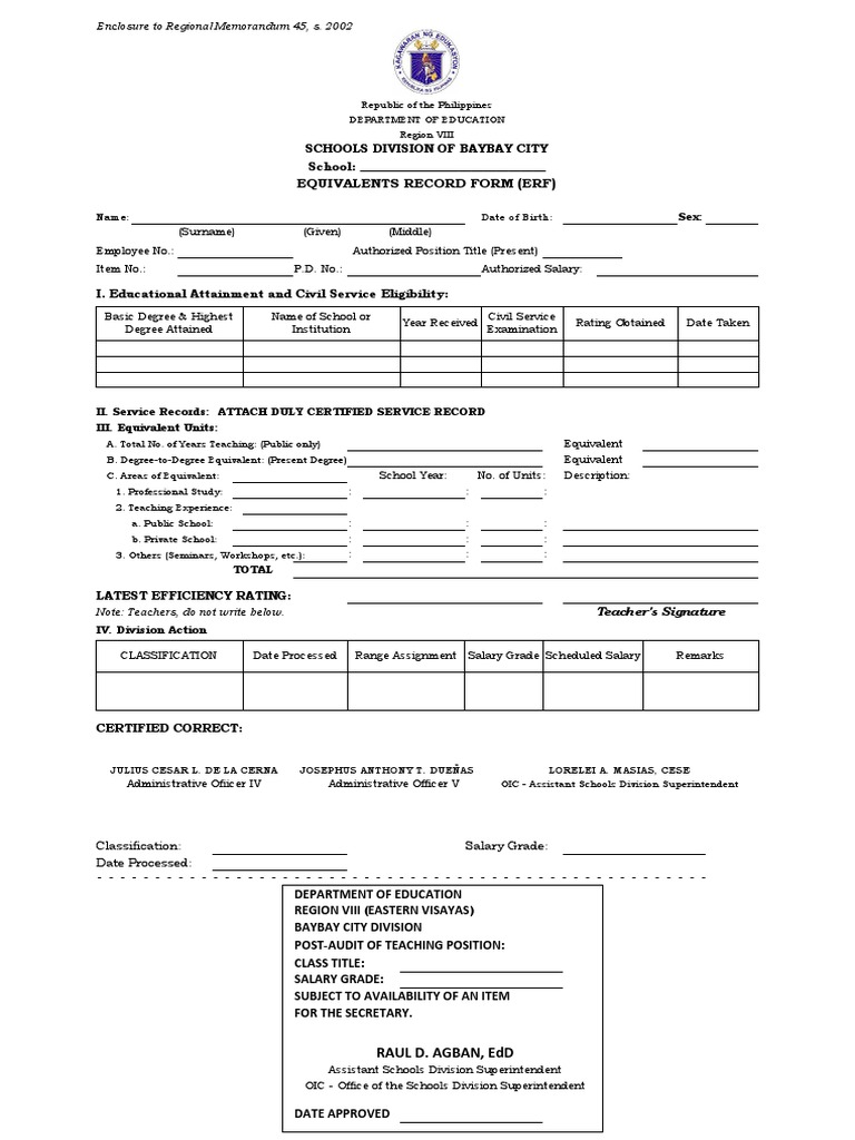 Equivalents Record Form (Erf) : Schools Division of Baybay City School ...