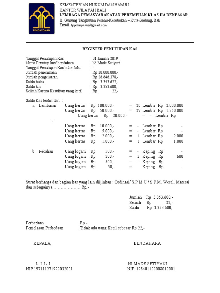 Register Penutupan Kas | PDF