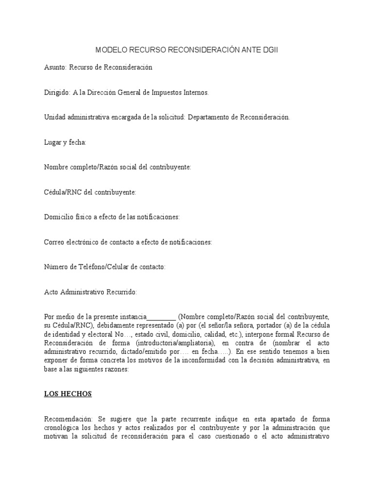 Modelo Recurso Reconsideración Ante Dgii | PDF | Contribuyente | Caso de ley