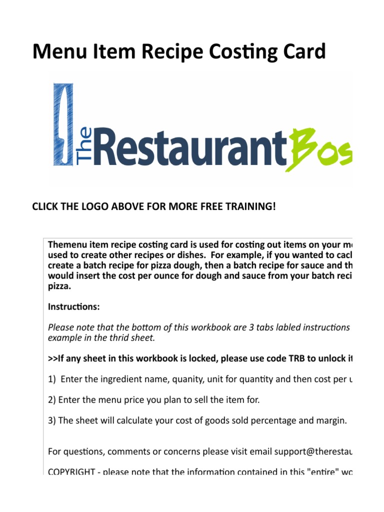 The Restaurant Boss Toolkit Costing Card - Menu Item | PDF | Menu | Pizza