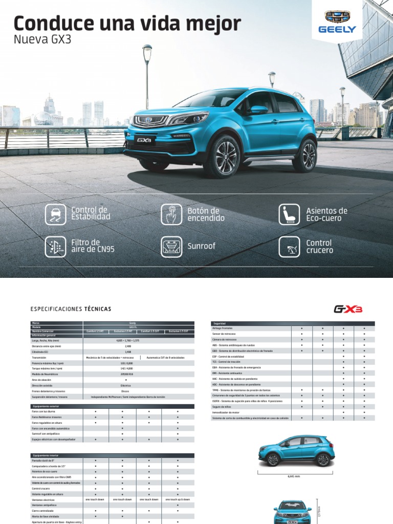Ficha Tecnica NUEVA GEELY GX 3 - AÑO MODELO 2022 | PDF | Sistema de freno antibloqueo | Vehículo ...