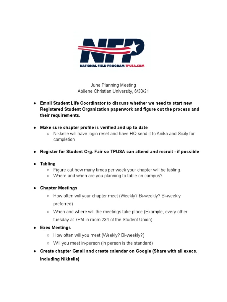 Abilene Christian University June Planning Meeting Sheet | PDF