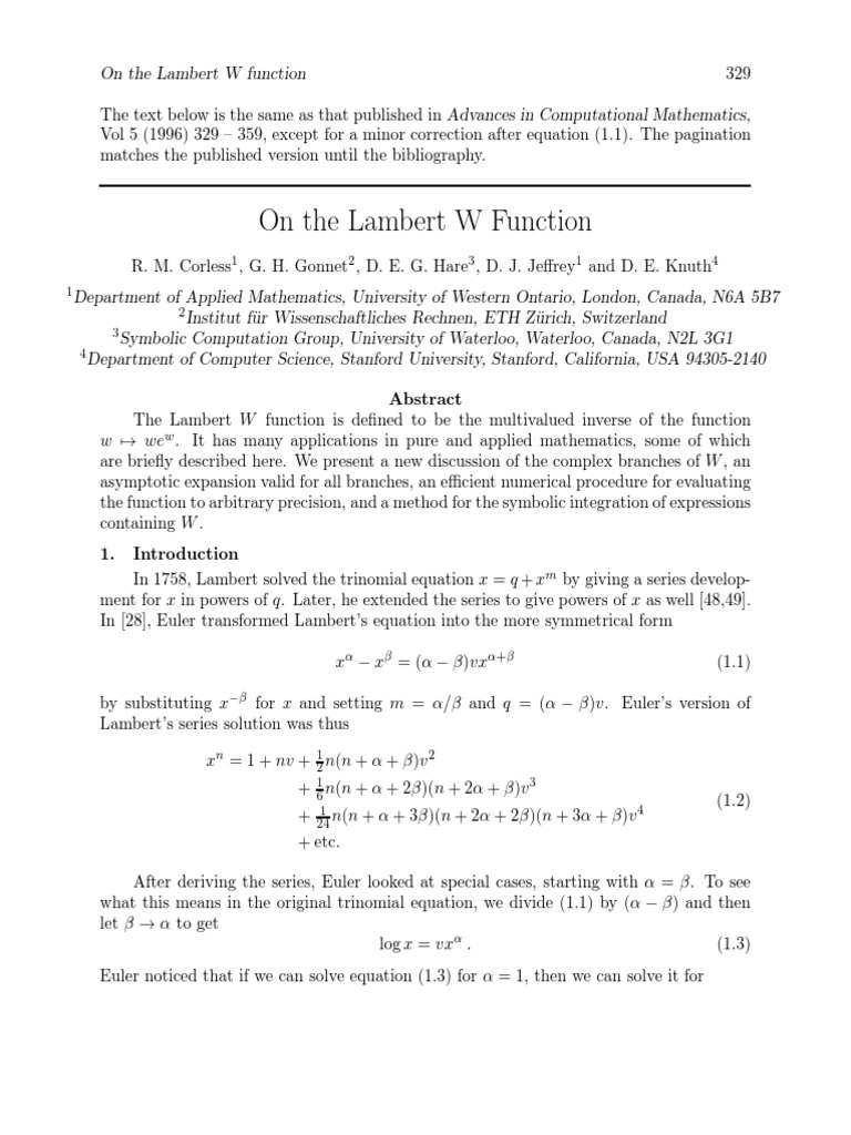 On The Lambert W Function | Download Free PDF | Function (Mathematics ...