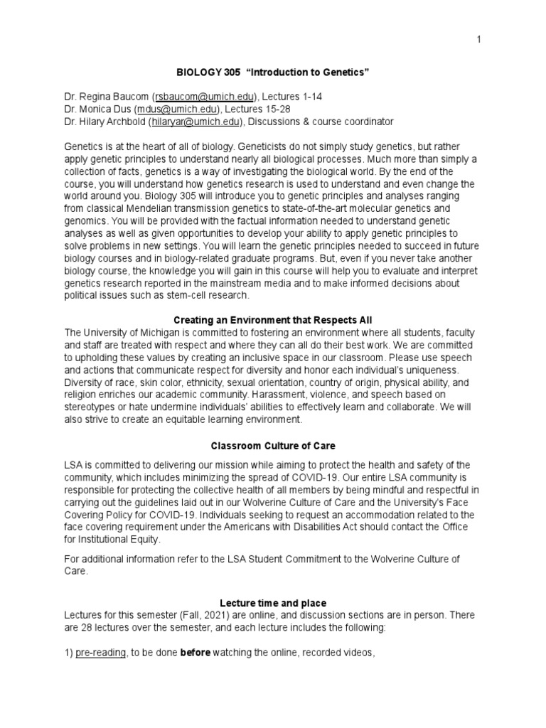 BIOLOGY 305 "Introduction To Genetics" | PDF | Test (Assessment) | Lecture