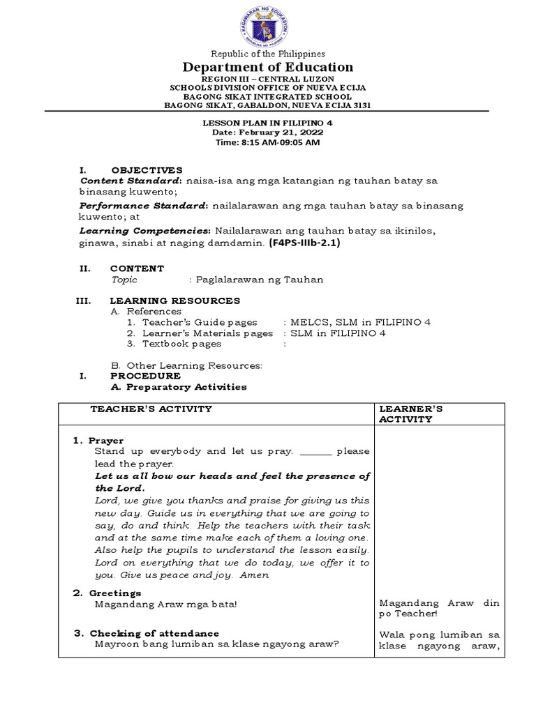 LESSON-PLAN-IN-FILIPINO-4 (WK1) Feb21 | PDF | Behavior Modification ...