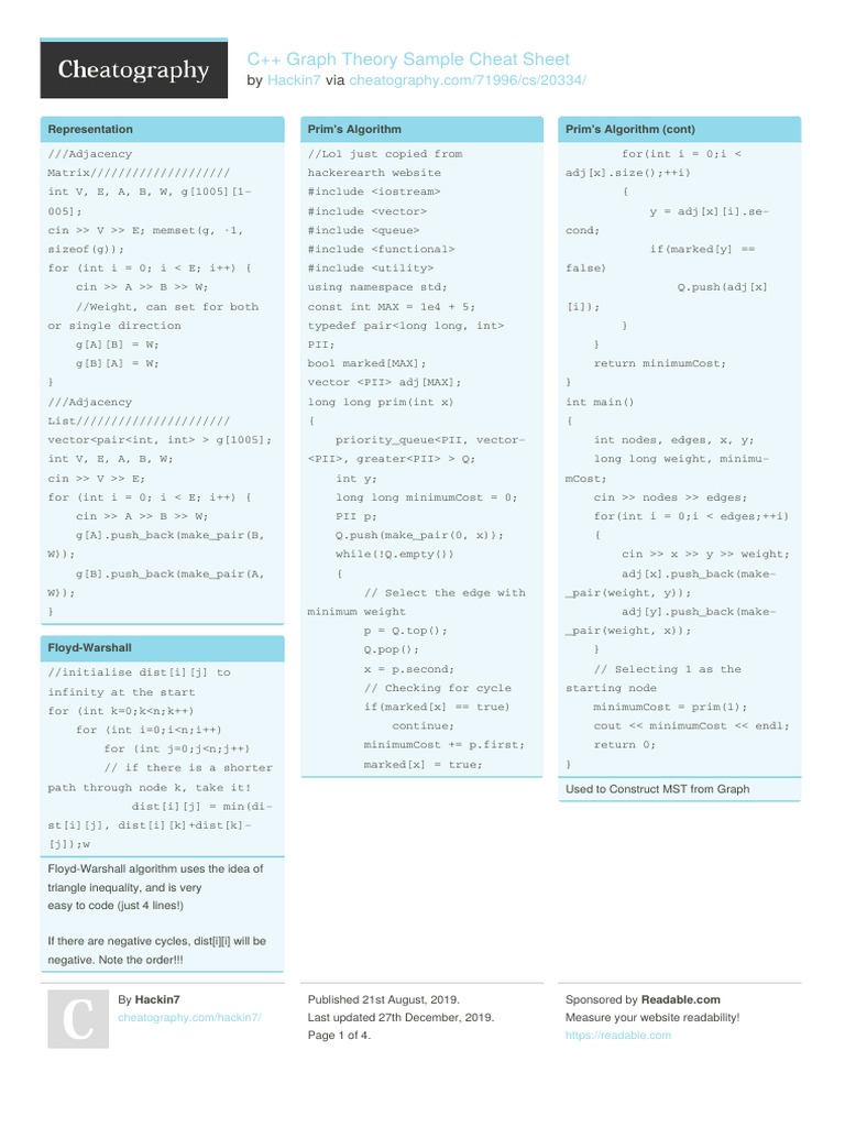 C++ Graph Theory Sample Cheat Sheet: by Via | Download Free PDF ...