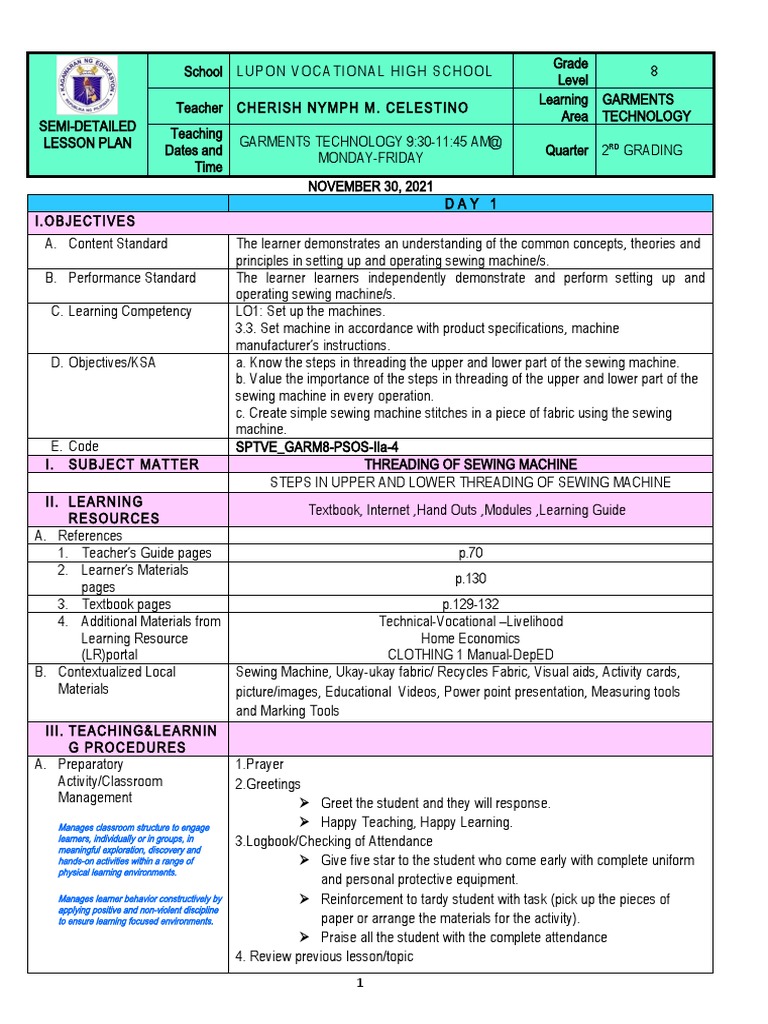 Cot3-Lp-Lower Threading of The Sewing Machine | PDF | Sewing Machine | Educational Assessment