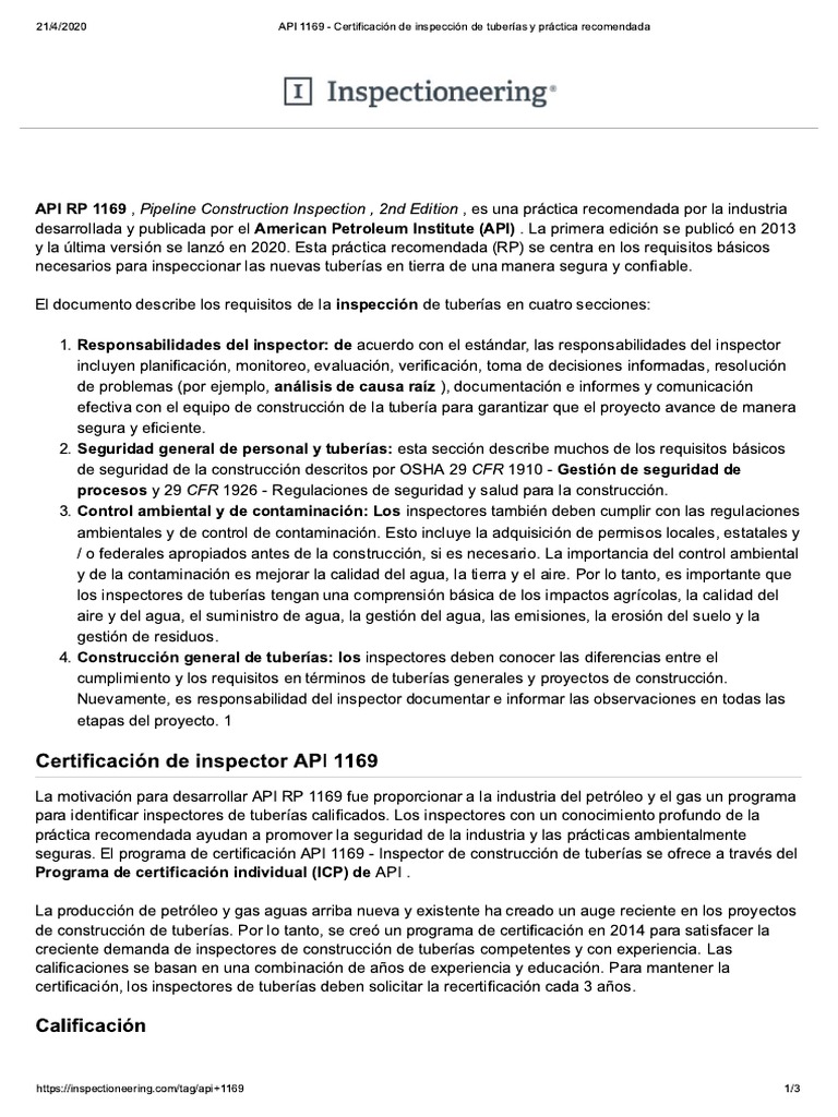 API 1169 - Certificación de Inspección de Tuberías y Práctica ...