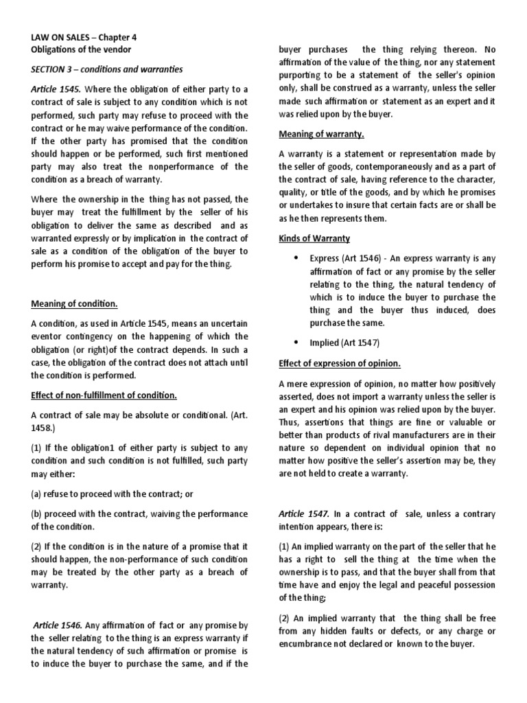 LAW On SALES Chapter 4 Section 3 | PDF | Implied Warranty | Legal Concepts