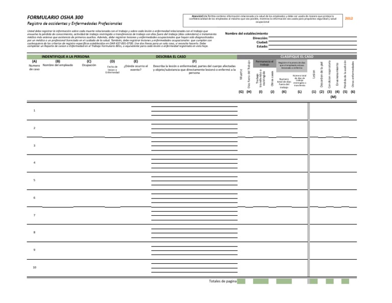 Formulario OSHA 300: Registro de Lesiones | PDF | Administración de ...