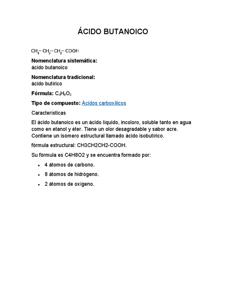 Propiedades y Usos del Ácido Butanoico | PDF | Ácido | Agua