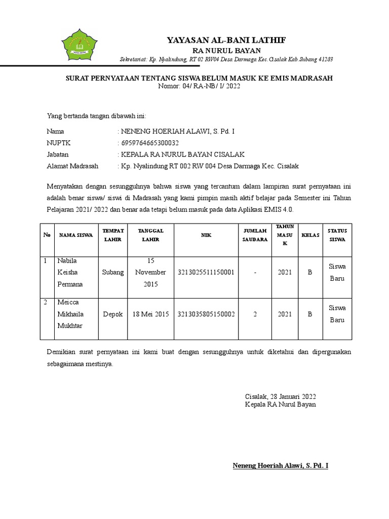 Surat Permohonan Tambah Siswa 2021-2022 | PDF