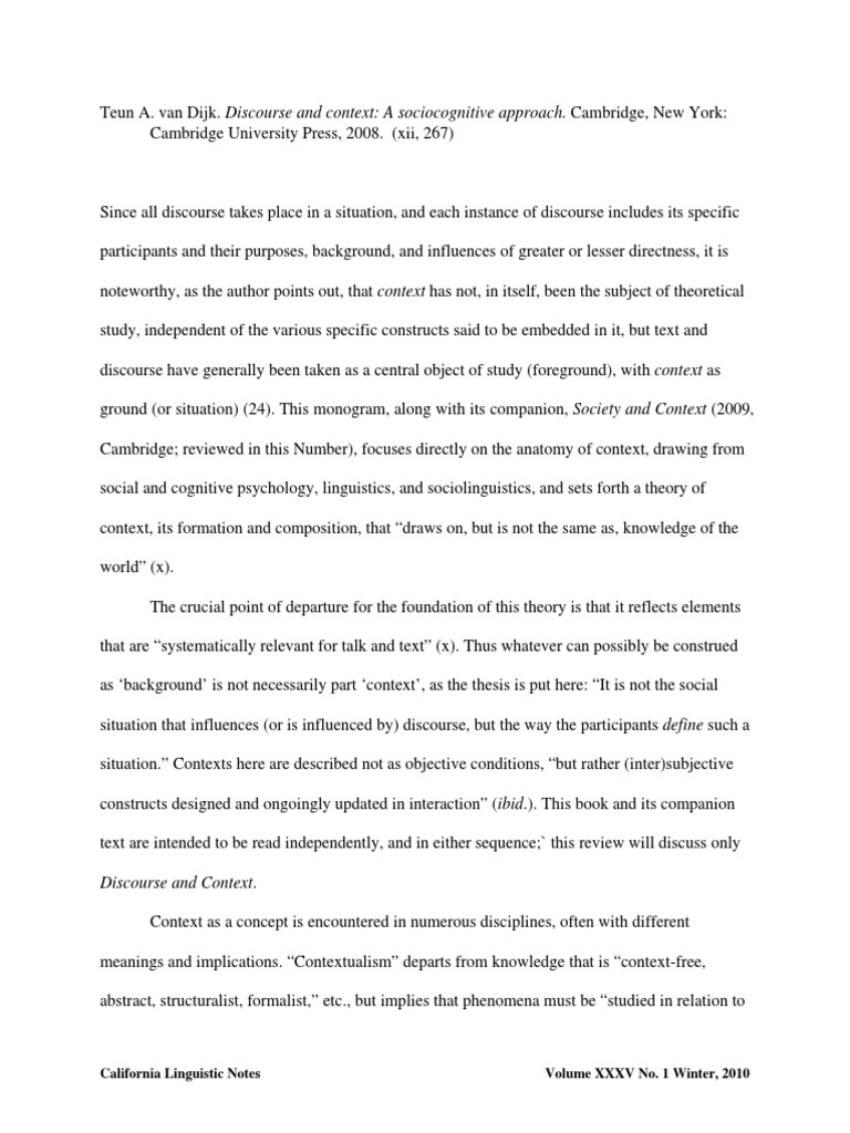 Angus On Van Dijk Context and Discourse | PDF | Context (Language Use) | Discourse