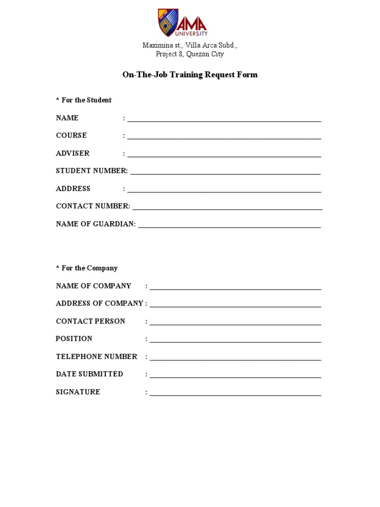 On-The-Job Training Request Form: Maximina ST., Villa Arca Subd ...