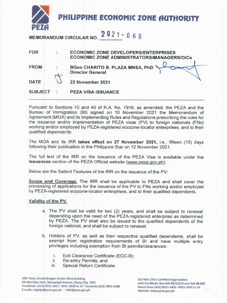 MC# 2021-069 - Peza Visa Issuance | PDF