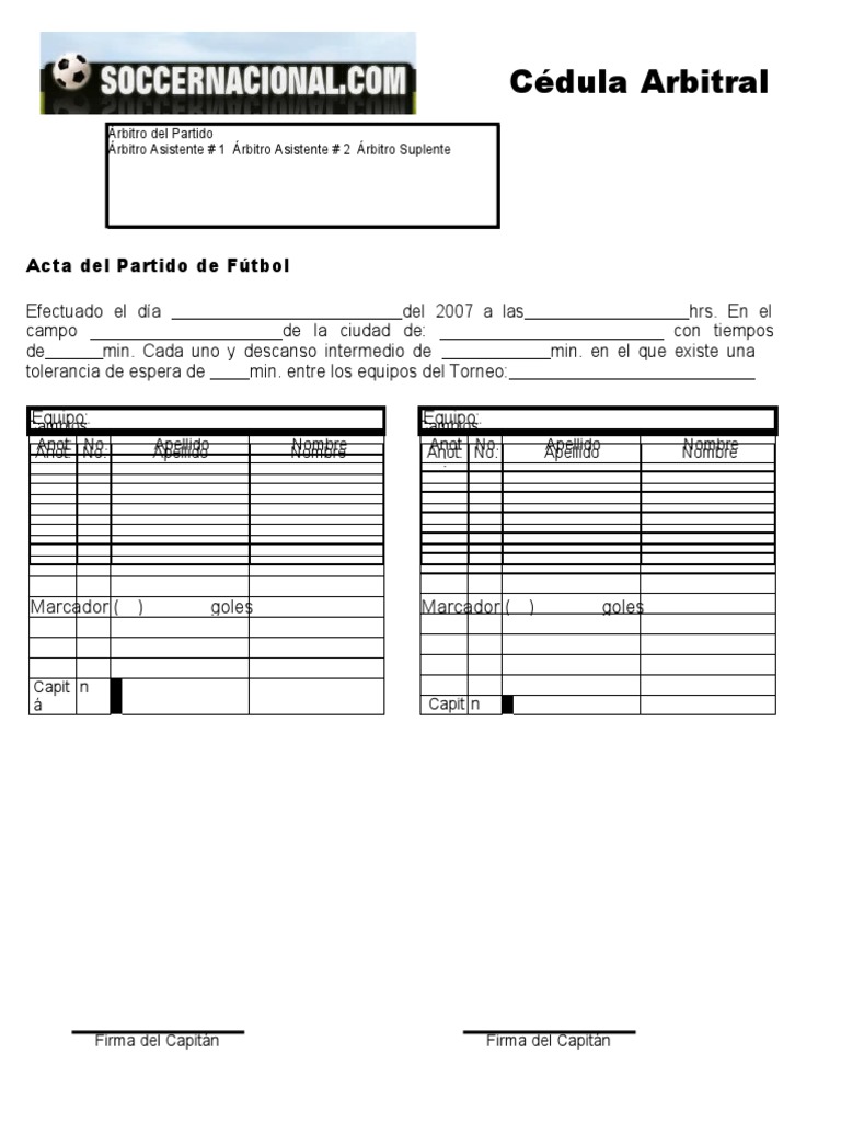 Cedula Arbitral Futbol Soccernacional | PDF