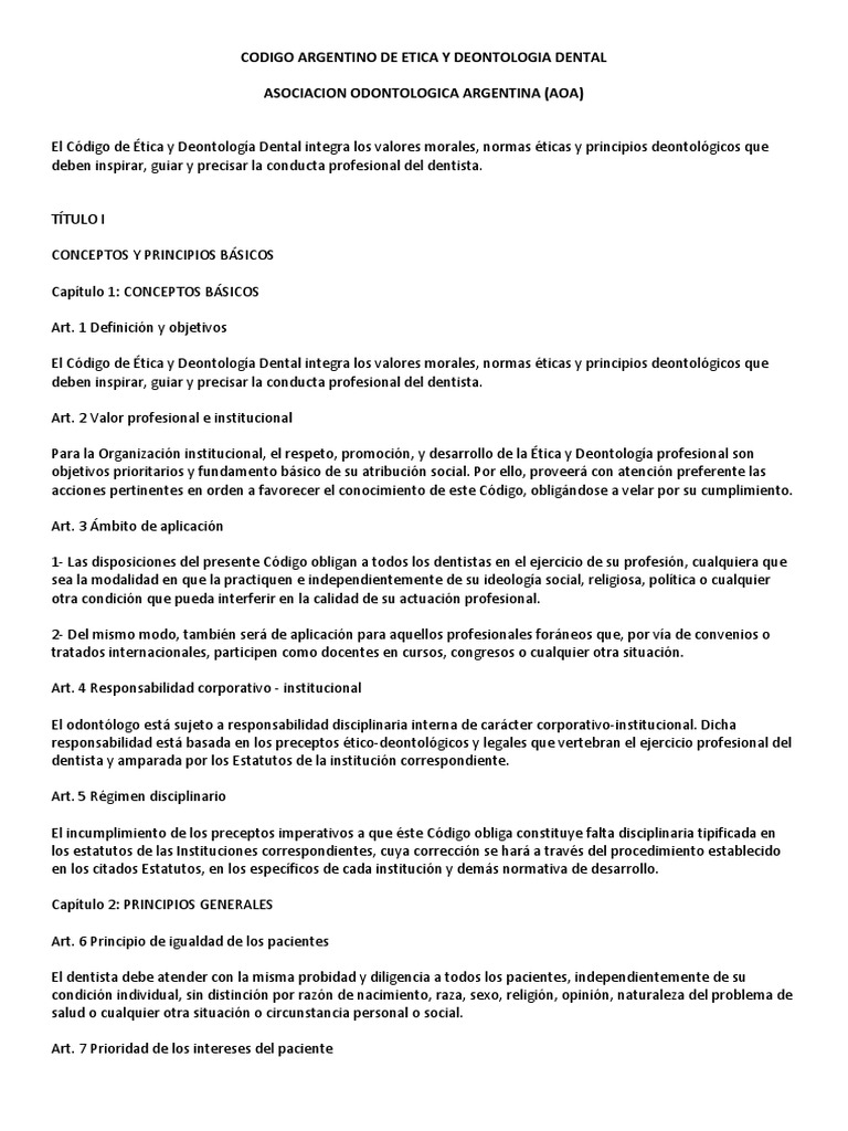 Cod. Arg. de Etica (Odontologo) | PDF | Historial médico | Odontología