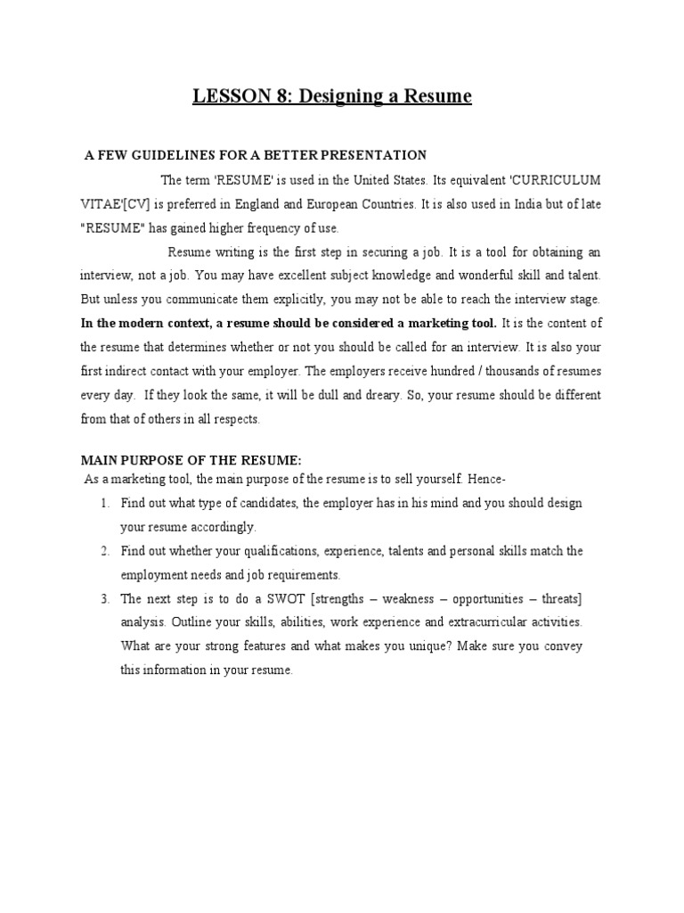 LESSON 8: Designing A Resume: A Few Guidelines For A Better ...