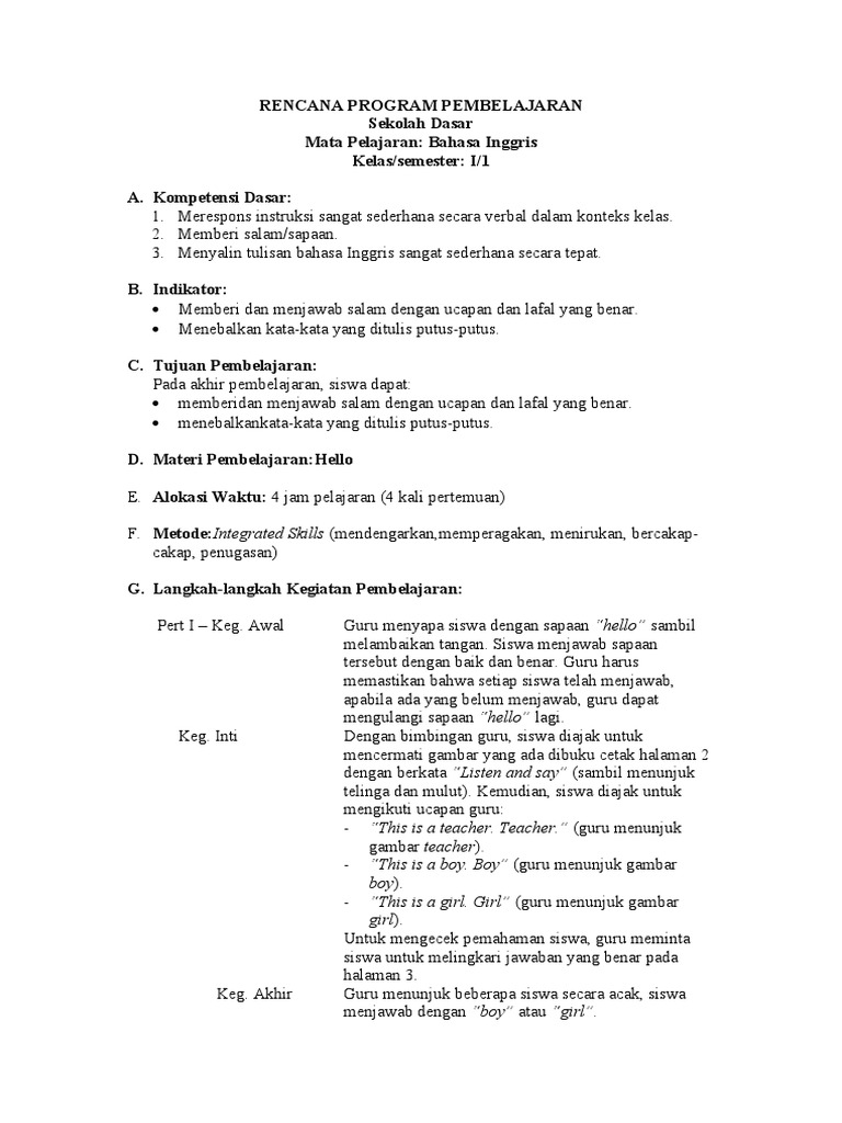 RPP Bahasa Inggris Kelas 1 | PDF | Karier & Perkembangan