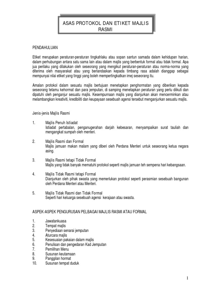 Nota Protokol Dan Etiket Majlis Rasmi | PDF