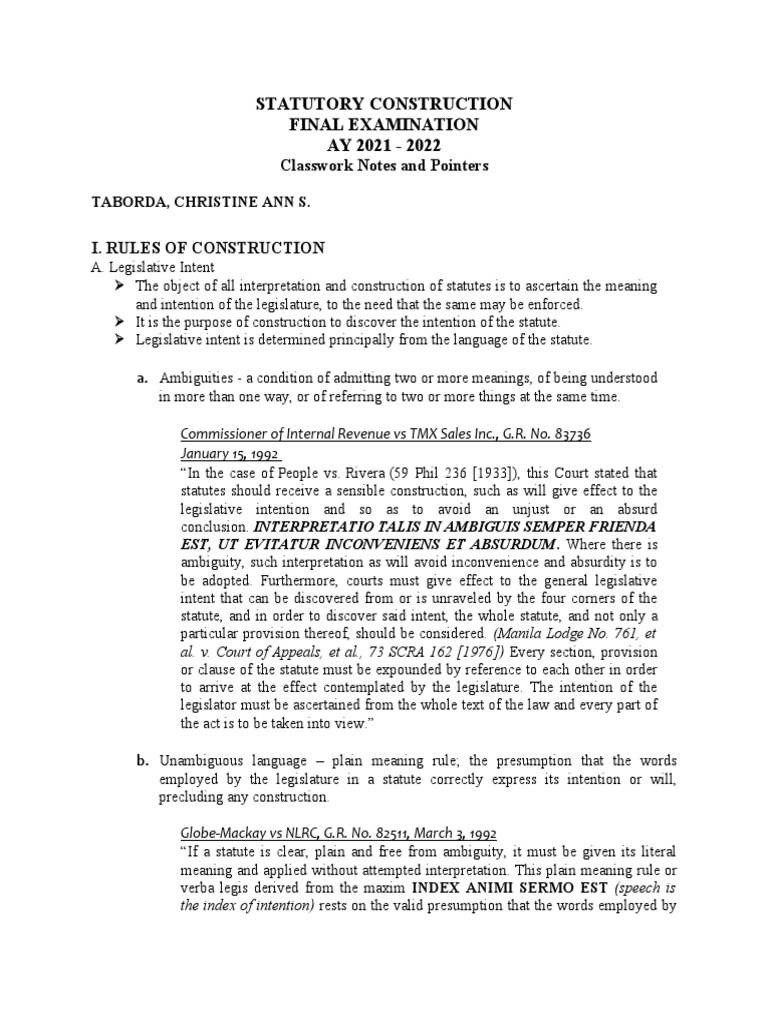 Classwork Notes and Pointers Statutory Construction - TABORDA ...