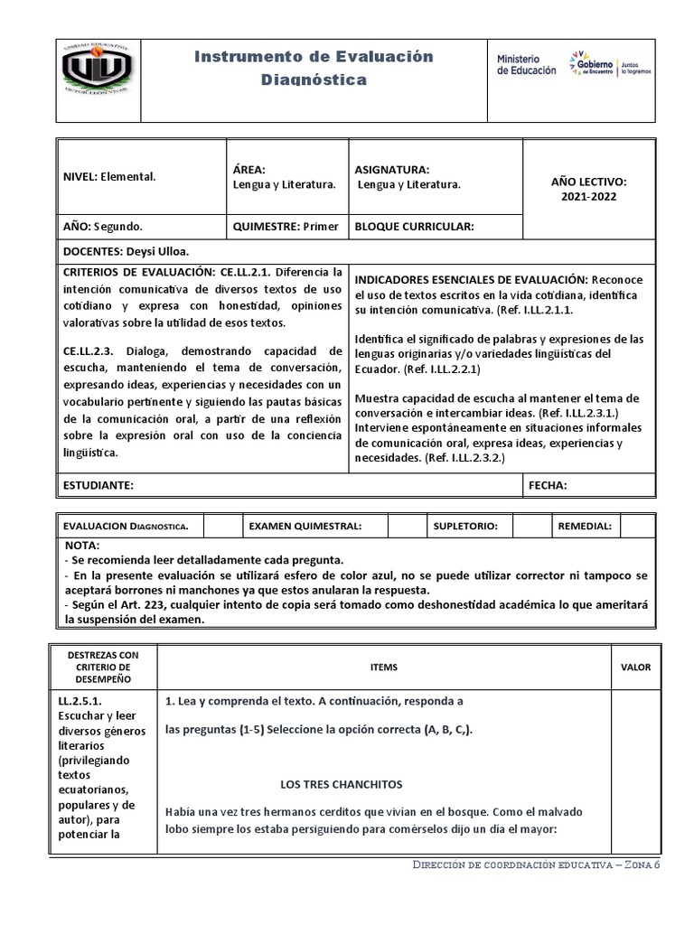 Diagnostico Lengua Segundo 2022 | PDF | Prueba (evaluación) | Evaluación